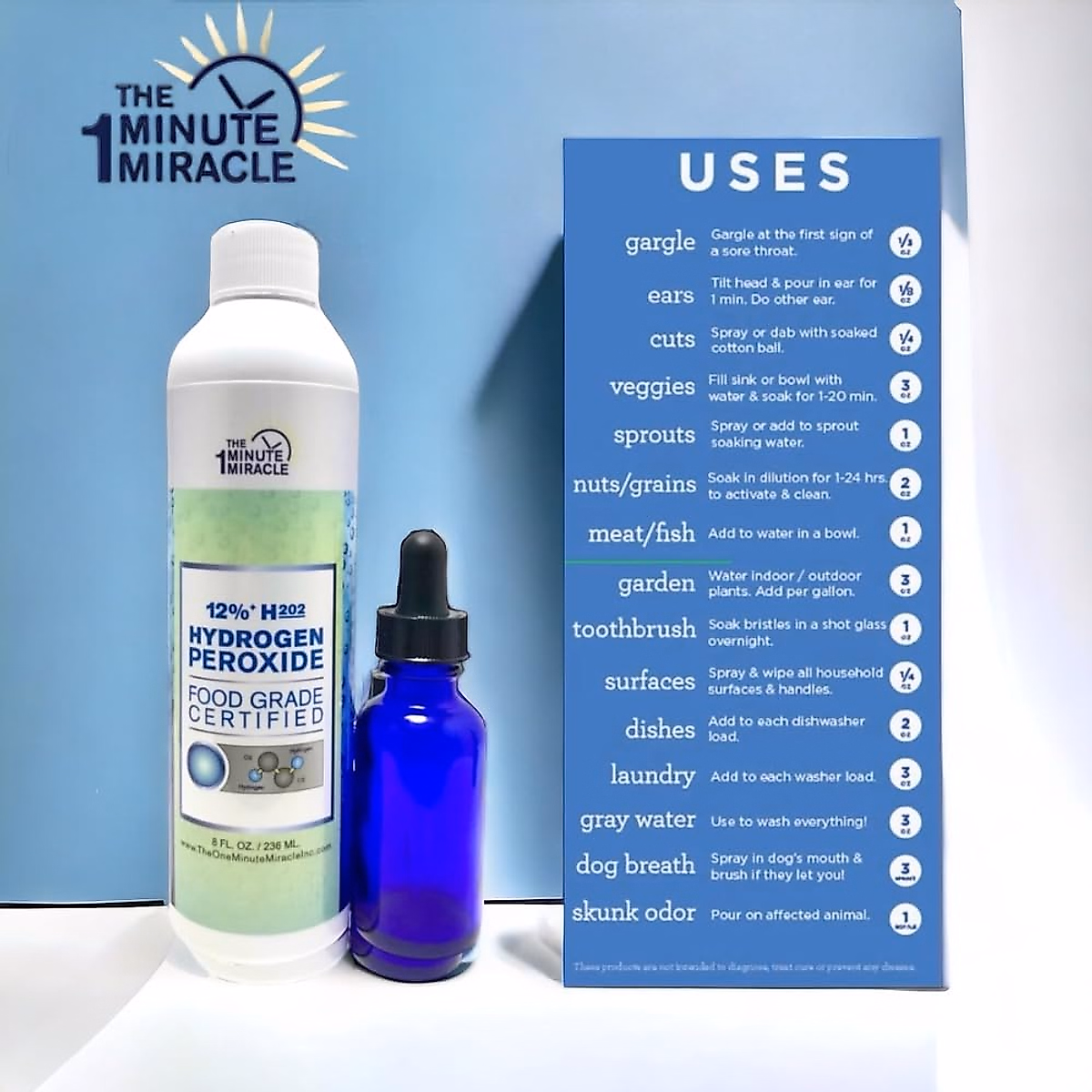 The One Minute Miracle - Miracle Brite Smile Mouthwash and 12% Hydrogen Peroxide Medical Food Grade 8 oz Bottle. Recommended by The One Minute Cure Book