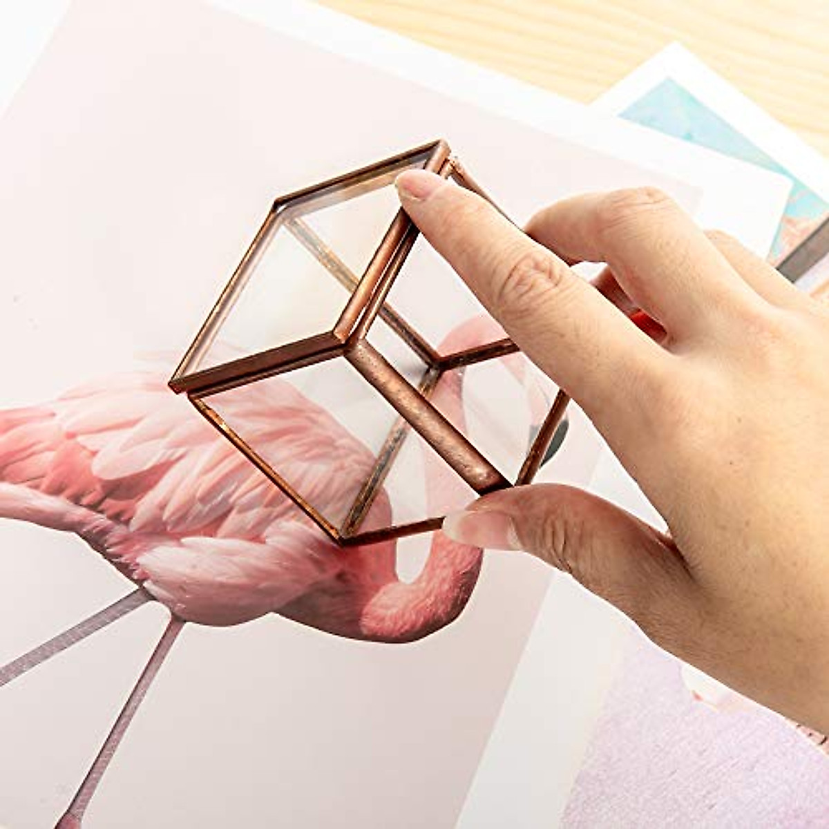 Feyarl Tiny Clear Glass Jewelry Trinket Box Ornate Rings Earrings Shadow Organizer Treasure Chest Decorative Keepsake Case with Lid for Wedding Birthday Gift (Brass)