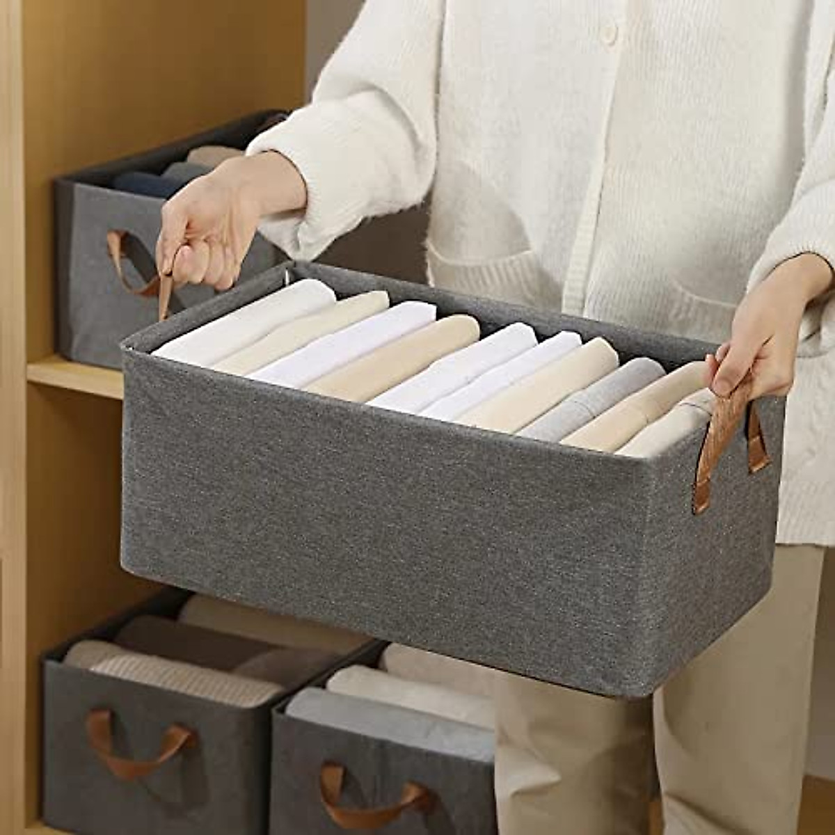 AARAINBOW 4 Pcs Closet Clothes Organizer with Handle, Fabric storage Box with Steel Frame Stackable Shelf Storage Baskets Foldable Storage Baskets for Organizing clothes Toys, 23L (2 Gray 2 Beige)