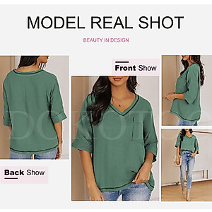 Dokotoo Womens Juniors Elegant Casual Spring Summer Shirts and Blouses for Women 2023 T-Shirts V Neck 3/4 Sleeve Cotton Tunic Tops Loose Shirts with Pocket Green Large