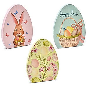 Wooden Easter Egg Table Decorations 3 Pack Decorative Spring Eggs Bunny Rabbit Flowers Design Tabletop Party Centerpiece Signs Rustic Wood Holiday Shelf Topper for Home Kitchen Office Mantle Decor