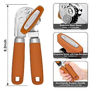 Can Opener Manual, Can Opener with Magnet, Hand Can Opener with Sharp Blade Smooth Edge, Handheld Can Openers with Big Effort-Saving Knob, Can Opener with Multifunctional Bottles Opener, Orange
