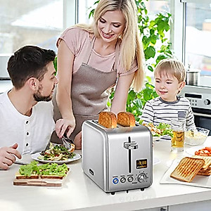 SEEDEEM Toaster 2 Slice, Stainless Steel Bread Toaster with Colorful LCD Display, 7 Bread Shade Settings, 1.4'' Wide Slots Toaster with Bagel/Defrost/Reheat Functions, Removable Crumb Tray, 900W, Silver Metallic