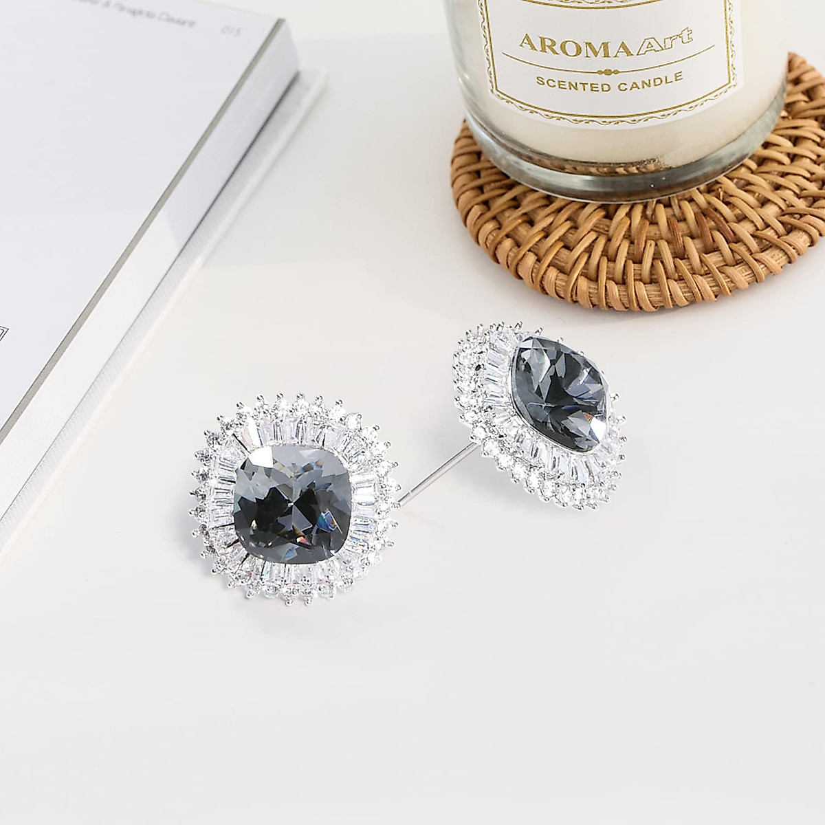 JECWVNZY Women's luxurious Square Grey Crystal Cubic Zirconia Halo Stud Earrings for Wedding Brides, Bridesmaids, Party, Prom