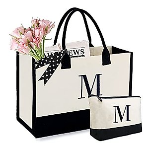 BeeGreen Initial Canvas Tote Bag with Makeup Bag Monogram Tote Bags for Women w Removable Bottom Personalized Gifts for Friends Birthday Teacher Mother Hostess Wedding Bridesmaid Letter M