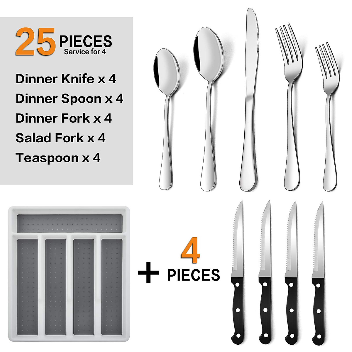 E-far 24-Piece Silverware Set with Organizer Tray and Steak Knives, Stainless Steel Flatware Cutlery Service for 4, Basic Tableware Eating Utensils for Home Kitchen, Mirror Polished, Dishwasher Safe