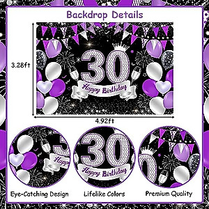 Balterever Talk Thirty to Me Birthday Decorations 30th Birthday Decorations Purple for Women with Talk Thirty to Me Banner Cake Topper 30th Birthday Backdrop 30& Fabulous Sash For Funny 30th Birthday