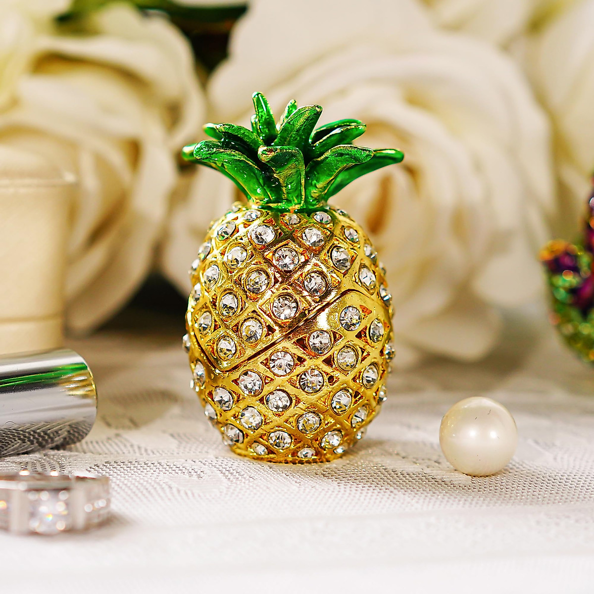 YU FENG Bling Pineapple Trinket Boxes Hinged Crystal Jeweled Enamel Trinket Jewelry Box Collectibles Gifts