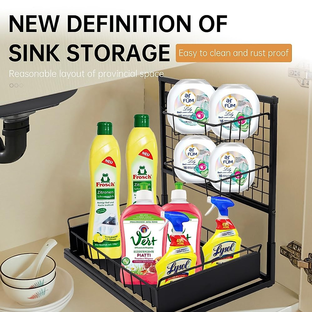 IAVEYG Under Sink Organizer Metal Pull Out Cabinet Organizer 2-Tier Slide Out Under Cabinet Storage Multi-Use for Under Kitchen Bathroom Sink Organizers and Storage Black