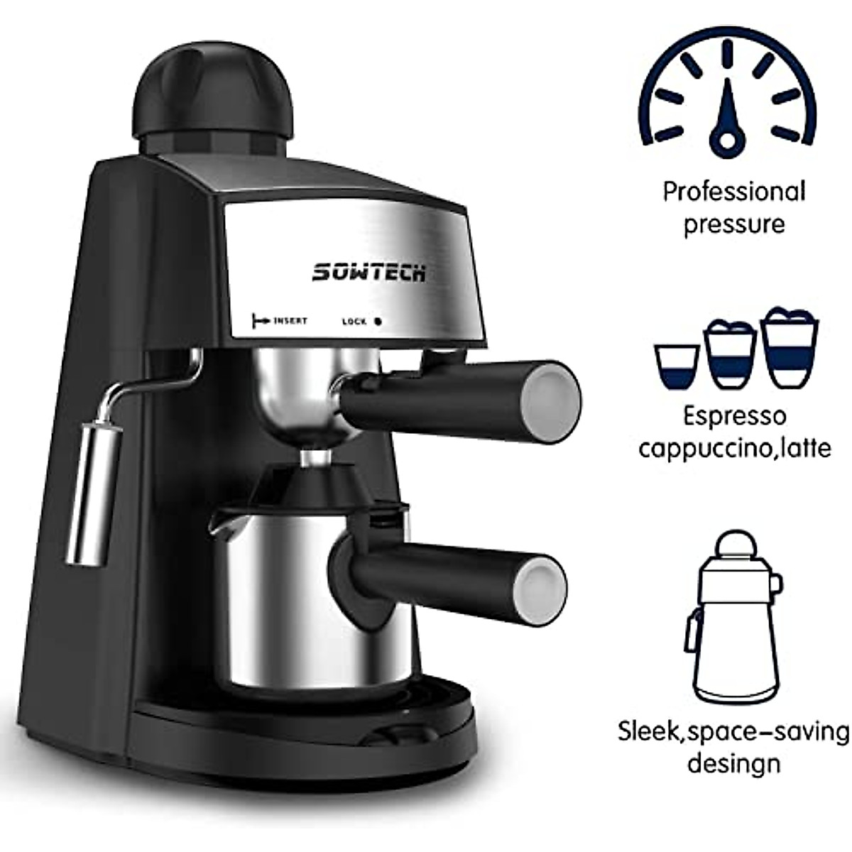 SOWTECH Steam Espresso Machine Espresso Maker Cappuccino Latte Machine with Steam Milk Frother and Mug 3.5 Bar 4 Cup