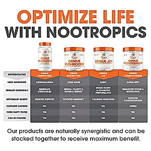 Genius Mushroom - Lions Mane, Cordyceps and Reishi - Immune System Booster & Nootropic Brain Supplement - for Natural Energy, Memory & Liver Support, 90 Veggie Pills