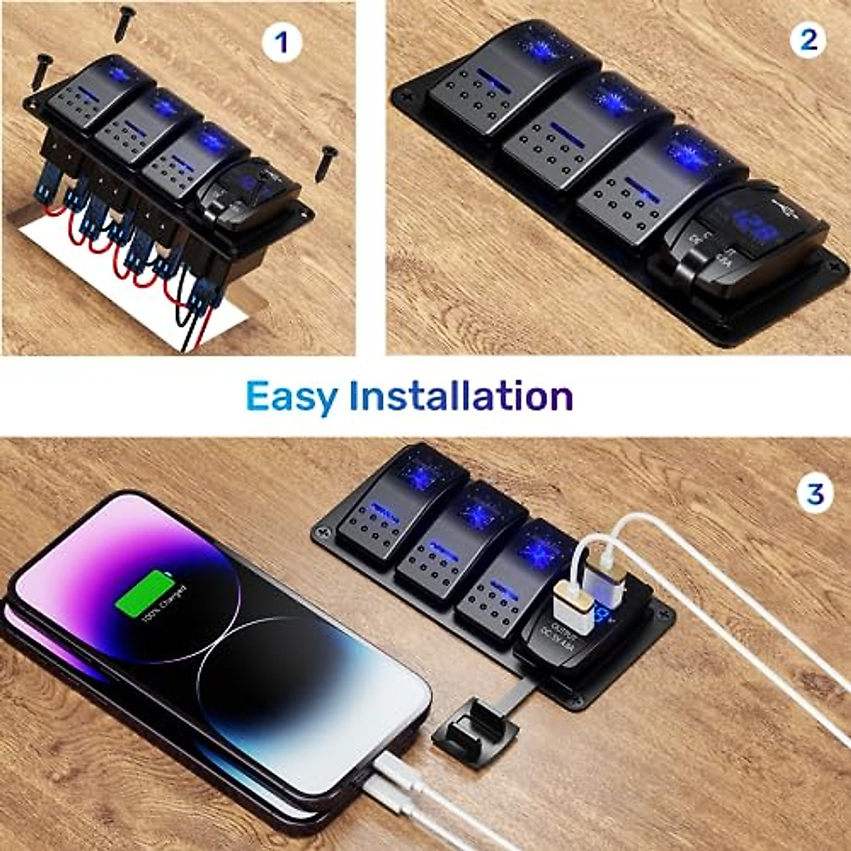 3 Gang Rocker Switch Aluminum Panel with Voltmeter & Dula USB Charger (4.8 Amp) 12V/24V DC Rocker Switch with Night Glow Stickers, Waterproof for Marine, Boat, Car, Truck, Jeep (Blue)