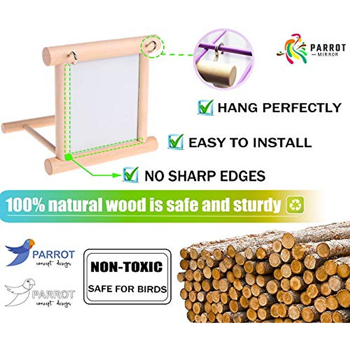 Blessed family Bird Parakeet Mirror for Cage,Parrot Perch Stand,Wooden Hummingbird Swing Toy,Parakeet Accessories for Cockatiels Conure Finch Lovebird Canary African Grey Macaw