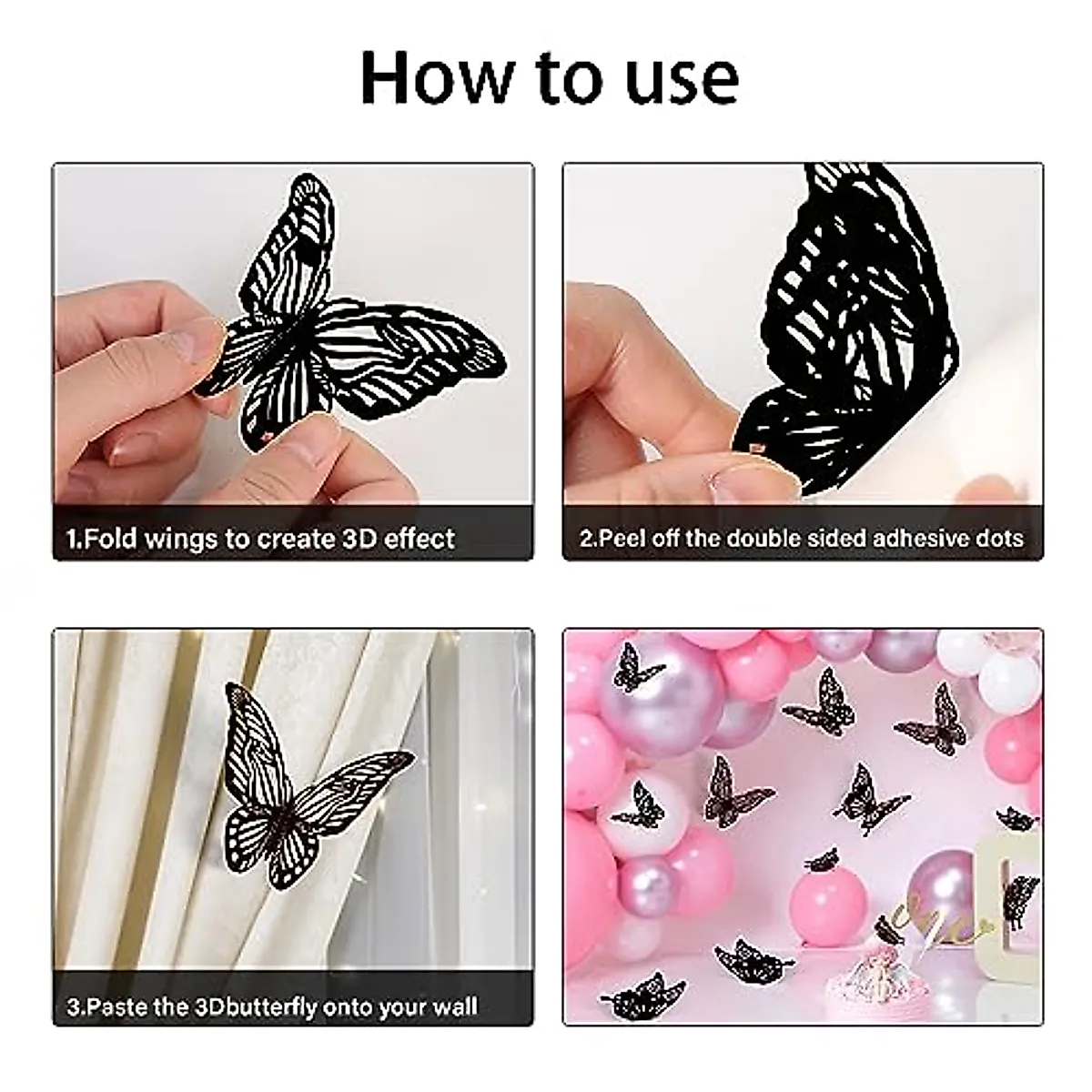 48Pcs Butterfly Wall Stickers, 3D Butterfly Wall Decor Black Butterfly Party Decorations Birthday Cake Decorations Removable Wall Stickers Room Decor for Baby Shower Party Girls Kids(Black)