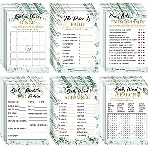 Kosiz 302 Pcs Greenery Eucalyptus Baby Shower Games 6 Games Activities Include Baby Shower Bingo, Word Scramble, Word Search, Baby Predictions and Advice, The Price is Right, Guess Who