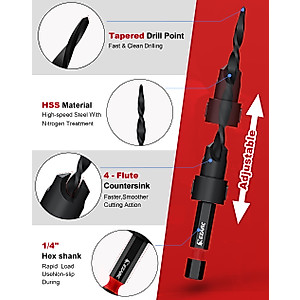 EZARC Countersink Drill Bit Set, 15 PCS Tapered Drill Bits Counter Sink Drill Bit with 2PCS Wood Plug Cutter 1/4" Hex Shank Quick Change for Woodworking with Storage Box