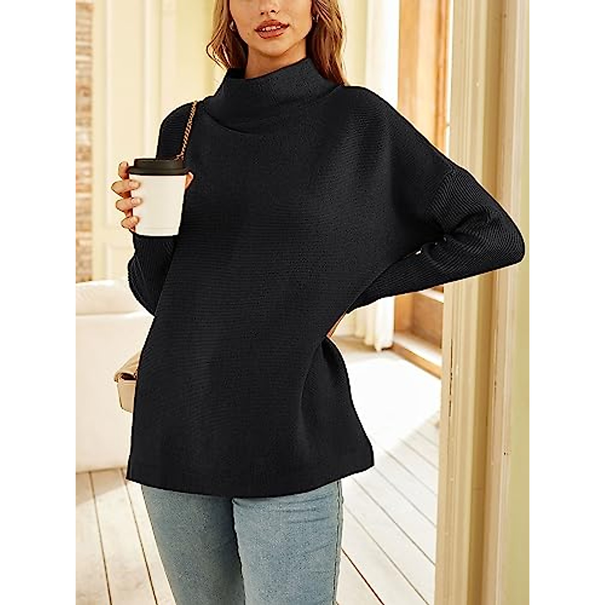 LILLUSORY Women's Mock Turtleneck Sweater Oversized Long Sleeve Casual Knit Pullover Tunic Tops Wear with Leggings Black XL