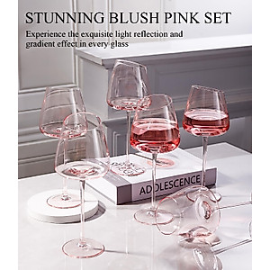 OUHT Blush Pink Wine Glasses (Set of 6) | 18oz Handcrafted - Long stemmed Crystal Wine Glasses For Red Wine | slanted rim design | Elegant Gift Box (Blush Pink)