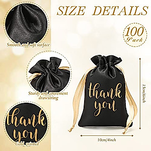 Roowest 100 Pcs Thank You Satin Gift Bags 4 x 6 Inch Drawstring Jewelry Pouches Candy Bag for Wedding Bridal Shower Baby Shower Favor Bags Drawstring Bags for Birthday Holiday Decors (Black)