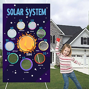 Solar System Science Toss Games Banner Backdrop Outer Space 9 Planets Universe Galaxy Theme Decor Decorations for Indoor Outdoor Boy Girl 1st Birthday Party Baby Shower Supplies Favors Background