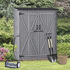 LUMISOL Outdoor Storage Cabinet, Wooden Garden Shed with Removable Shelves, Waterproof Asphalt Roof, Adjustable Legs, Tool Shed with Lockable Doors for Backyard, Patio, Lawn (Gray)