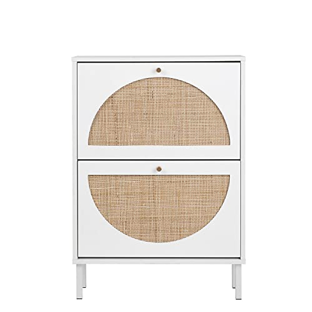 Hayiodda 2 Drawer Natural Rattan Shoe Cabinet, Tipping Bucket Shoe Cabinet with 2 Flip Rattan Doors & Metal Legs for Entryway, White