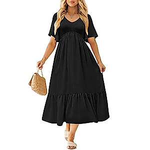 LILLUSORY Black Maxi Dresses for Women Summer Long Trendy Casual Flowy Funeral Short Flutter Sleeve Dress with Pockets