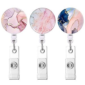 Retractable Badge Holder Reel ID Badge Name Holder with Alligator Clip for Office Worker Doctor Nurse (LE-BR-3Pack Pretty Marble)