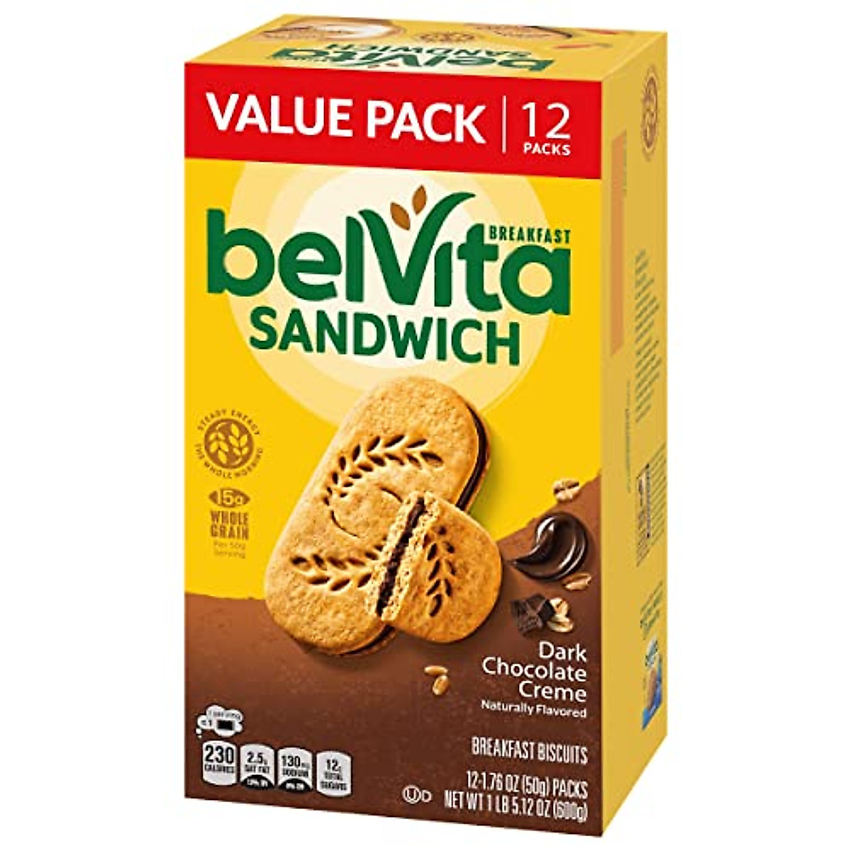 belVita Breakfast Sandwich Dark Chocolate Creme Breakfast Biscuits, Value Pack, 12 Packs (2 Sandwiches Per Pack)