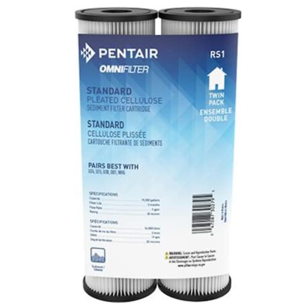 Pentair OMNIFilter RS1 Sediment Water Filter, 10-Inch, Standard Whole House Pleated Cellulose Sediment Replacement Filter Cartridge, 10" x 2.5", 20 Micron, Pack of 2
