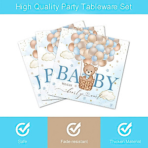 Fitumiw 96Pcs Blue Bear Baby Shower Party Tableware Supplies Bear Plates and Napkins We Can Bearly Wait Party Set Baby Shower Party Decorations for Boy Serve 24 Guests