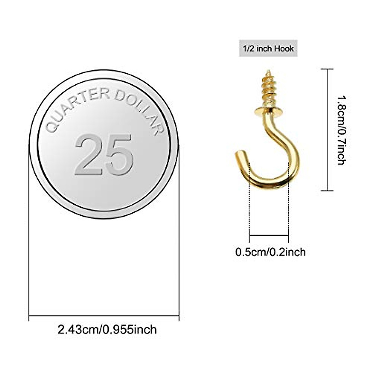 LANSEYQO Mini Ceiling Screw Hooks, 50 Pcs (1/2 inch) Hanging Cup Hooks Brass Plated Screw-in Hooks for Hanging Plants Mug Arts Decorations, Gold