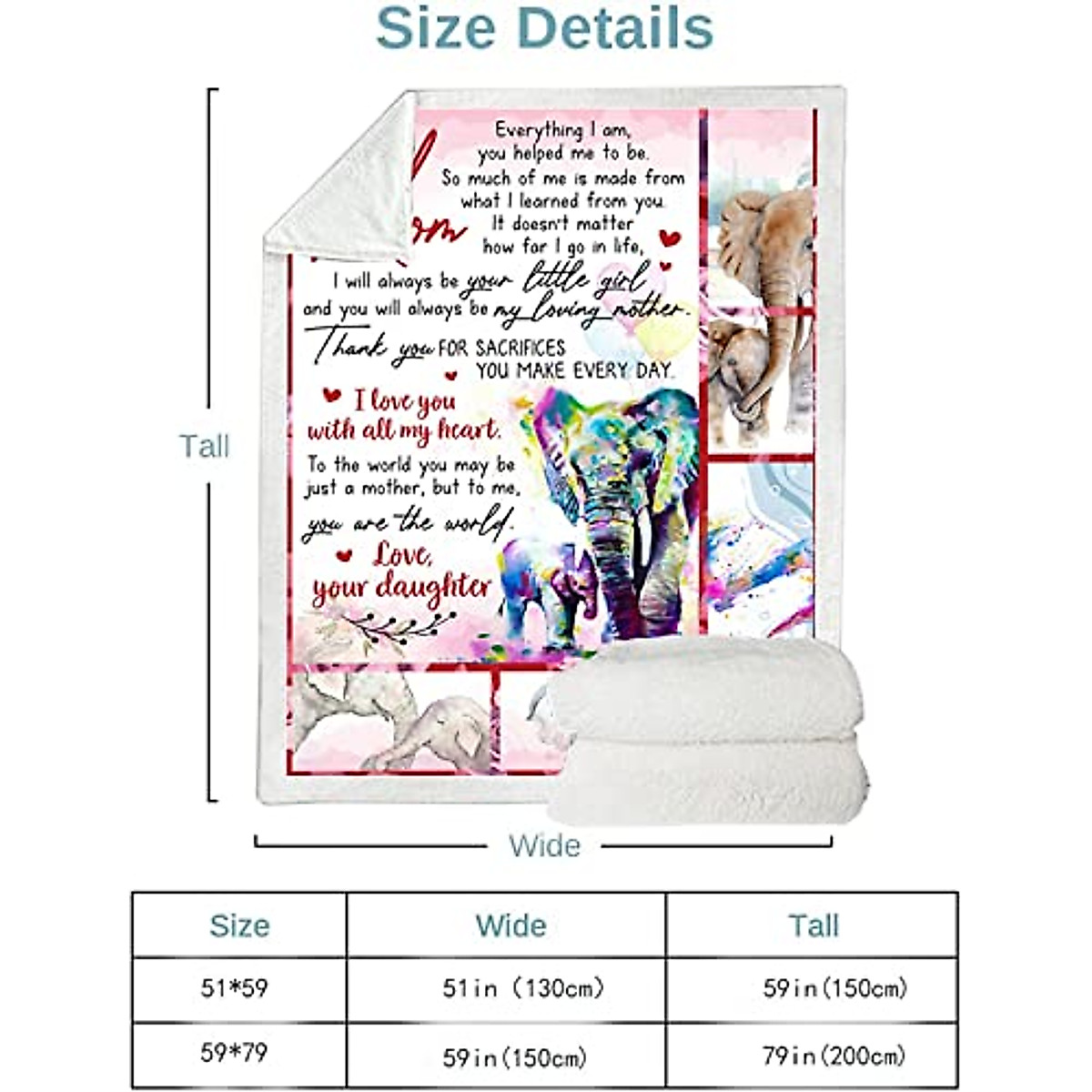 Gifts for Mom from Daughter, from Daughter, Birthday Gifts for Mom, Elephant Plush Sherpa Blanket, Super Soft Warm Cozy Throw Blanket for Couch and Bed 50 x 60 inches