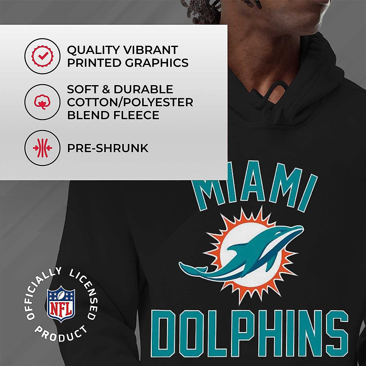 Team Fan Apparel NFL Adult Gameday Hooded Sweatshirt - Poly Fleece Cotton Blend - Stay Warm and Represent Your Team in Style (Miami Dolphins - Black, Adult Medium)