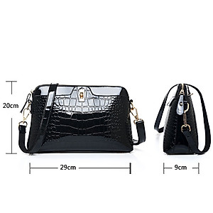 Women PU Patent Leather Alligator Stripe Handbag Clutch Shoulder Bag Cross Body Bag Clutch Handbag Shell Bag(Black)