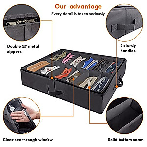 ORLANG Under Bed Shoe Storage Set of 2, Shoe Organizer Under Bed Fits 24 Pairs,Underbed Shoe Storage with Clear Window and 2 Sturdy Handles and Sturdy Zipper,breathable Materials (Grey)