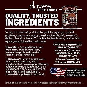Dave's Pet Food Grain Free Wet Cat Food (Turkey), Made in USA Naturally Healthy Canned Cat Food, Added Vitamins & Minerals, Wheat & Gluten-Free, 5.5 oz (Case of 24)