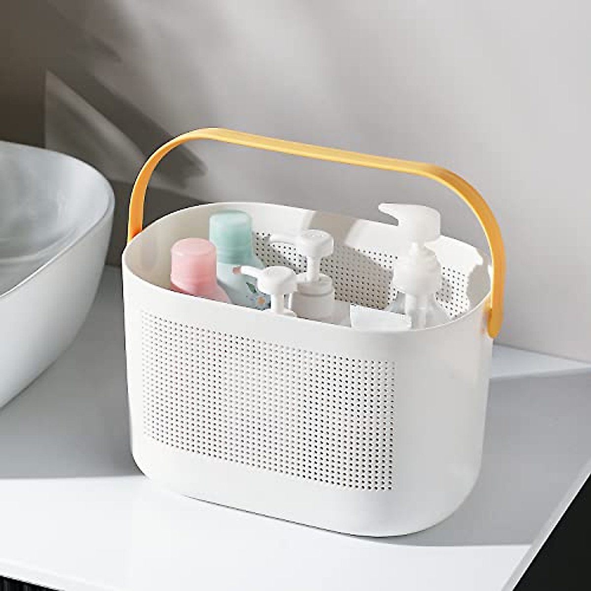 ALINK Plastic Shower Caddy Basket with Handle, Portable Bathroom Storage Organizers Cleaning Caddy for Bath Toy, Kitchen, College Dorm - Yellow