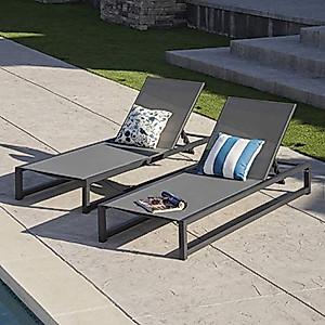Christopher Knight Home Modesta Outdoor Aluminum Framed Chaise Lounges with Mesh Body, 2-Pcs Set, Black Finish / Grey Mesh