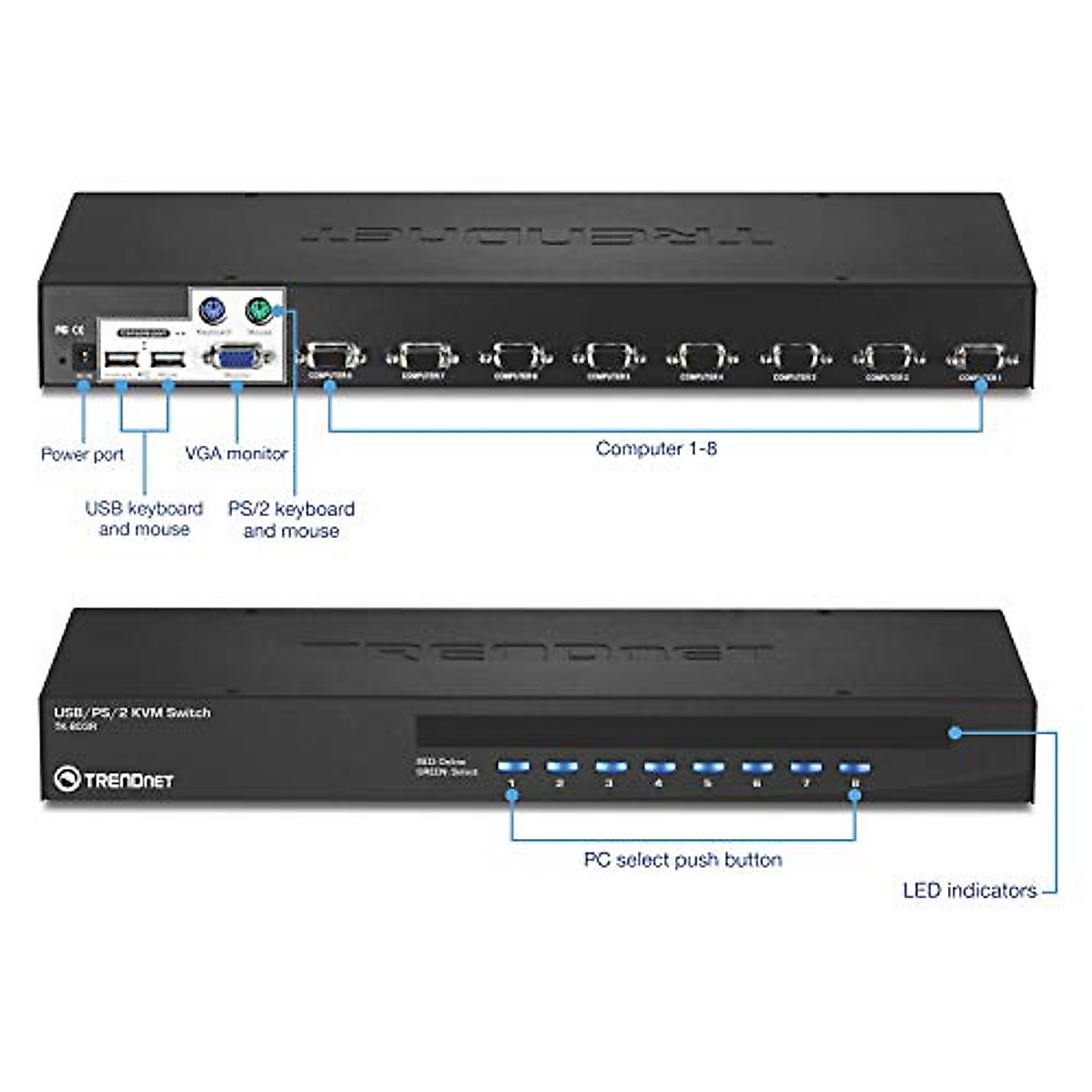 TRENDnet 8-Port USB/PS2 Rack Mount KVM Switch, TK-803R, VGA & USB Connection, Supports USB & PS/2 Connections, Device Monitoring, Auto Scan, Audible Feedback, Control up to 8 Computers/Servers