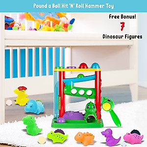 WALA - Pound a Ball Dinosaurs Toy - Super Durable Toddler Girls and Boys Toys - Comes with Ball Tower, Ball, Hammer, and 7 Dinosaur Toys for Kids - Educational Baby Hammer Toy - STEM Development