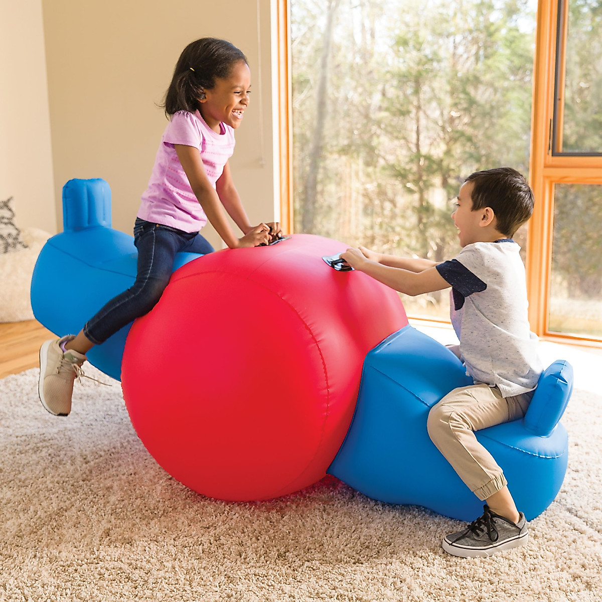 Hearthsong Large Inflatable Seesaw Rocker for Two, 60”L x 35”W x 24”H, Multicolor, Wide Front Handles with Backrest, Heavy-Duty Vinyl, Holds Up to 75 Lbs. Per Seat