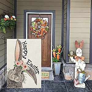 CROWNED BEAUTY Happy Easter Bunny Garden Flag 12X18 Inch Double Sided for Outside Small Burlap Yard Holiday Flag