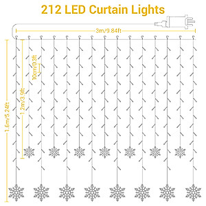 Snowflake Curtain Lights: 212 LED String Lights with 15 Snowflakes, Decorative Twinkle Window Fairy Light 8 Modes for Indoor Home Bedroom Wall Garden Patio Porch Party Wedding Xmas Decor
