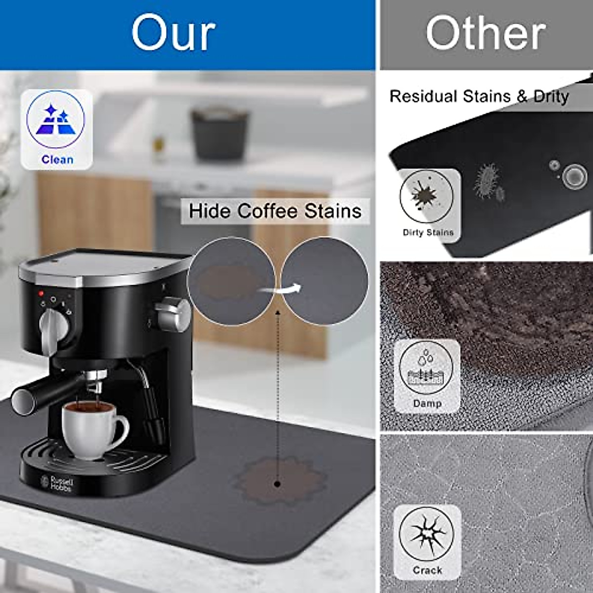 Coffee Mat Hide Stain Rubber ,Coffee Maker Mat for Countertops, Absorbent Coffee Bar Mat for Kitchen Counter,Coffee Bar Accessories Under Appliance Mats,Drying Mat for Kitchen Counter Gray (16*24 IN)