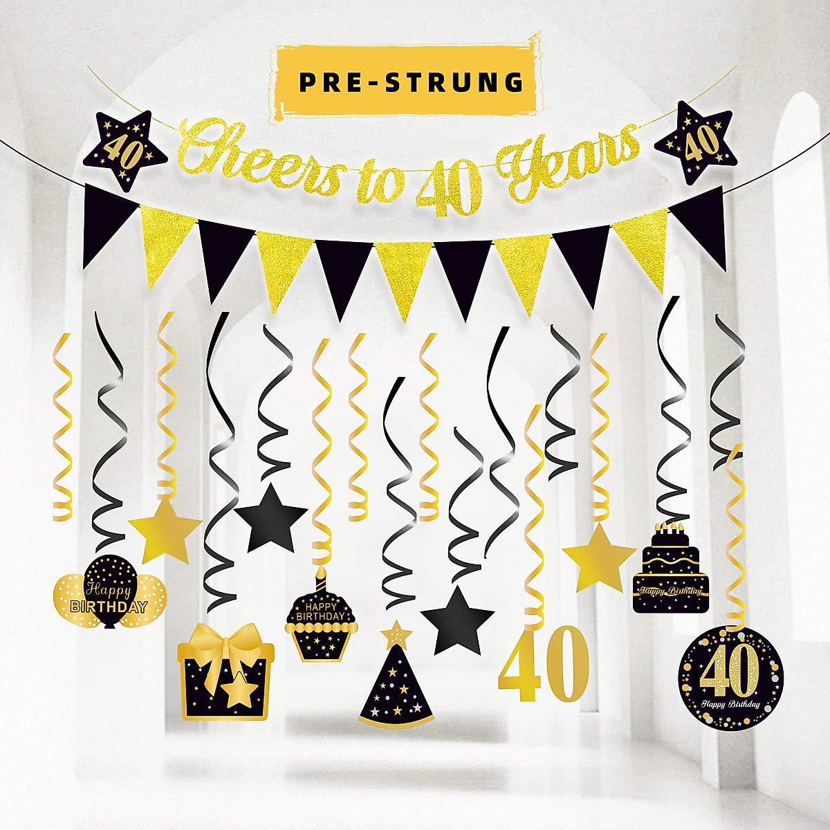 PRE-STRUNG 40th Birthday Banner, Cheers to 40 Years Banner, Happy 40th Birthday Hanging Swirl Ceiling Decoration for Men Women Him Her, Black Gold 40 Year Old Birthday Party Decor Kit, 30PCS, Vicycaty