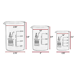EISCO Premium 3pc Glass Beakers Set, 50mL, 100mL, 250mL - Low Form Lab Beakers - Borosilicate 3.3 Glass - Packaged in Thick, Custom-Fit Foam Insert