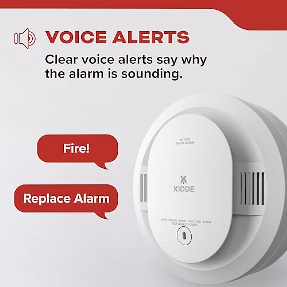 Kidde Smoke Detector, 10-Year Battery Powered, Voice Alerts, LED Warning Light Indicators