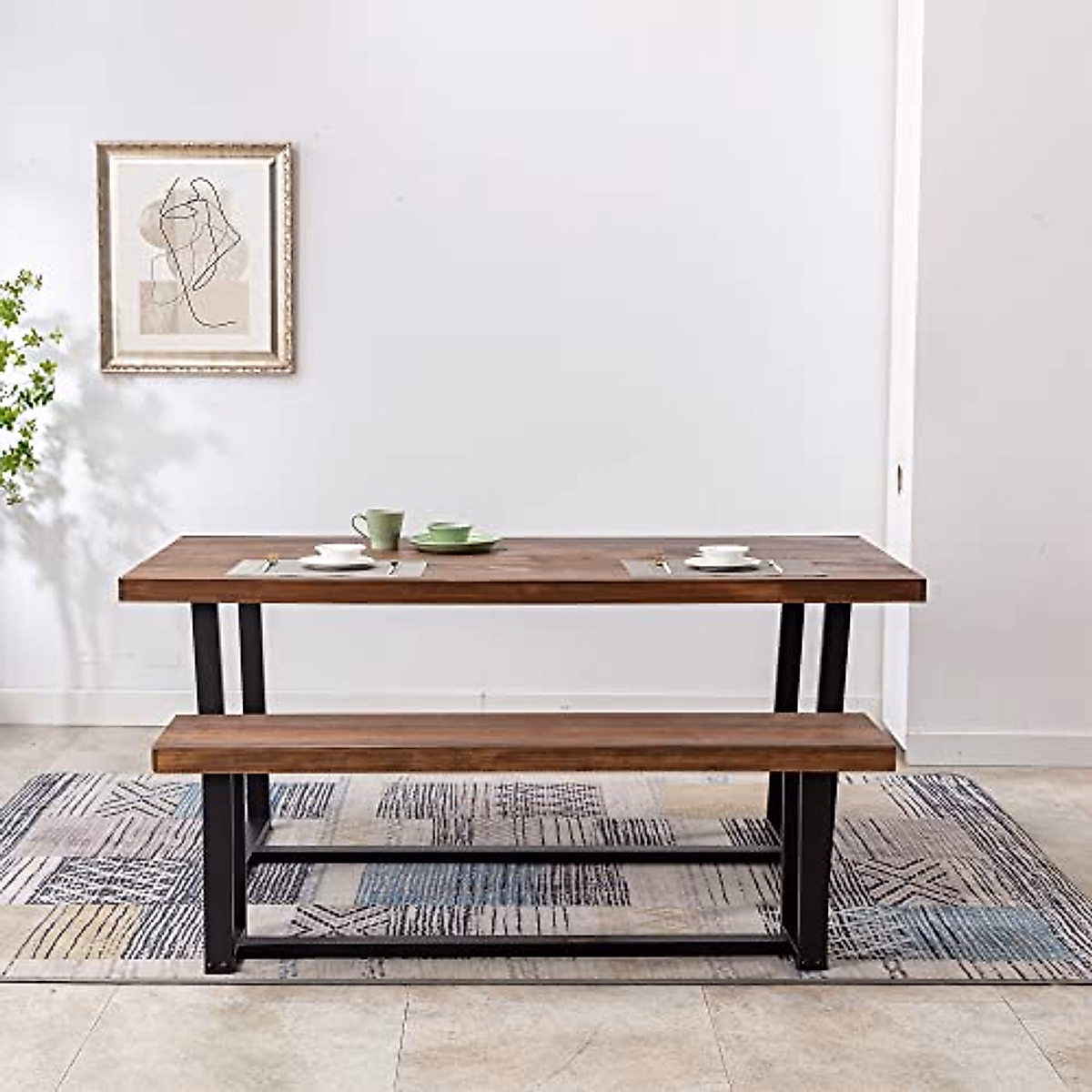 52" Solid Wood Dining Table for 6-8 Person, Sturdy Breakfast Table with Metal Frame, Modern Farmhouse Kitchen Table for Living/Dining Room,Office Desk, Vintage Brown.