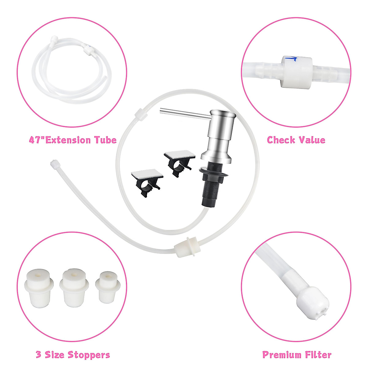 Sink Soap Dispenser, OHiHi Kitchen Sink Soap Dispenser with 47" Extension Tube, Wide Pump Head Base, No Water Leaking, No Need to Fill The Little Bottle Again, Brushed Nickel